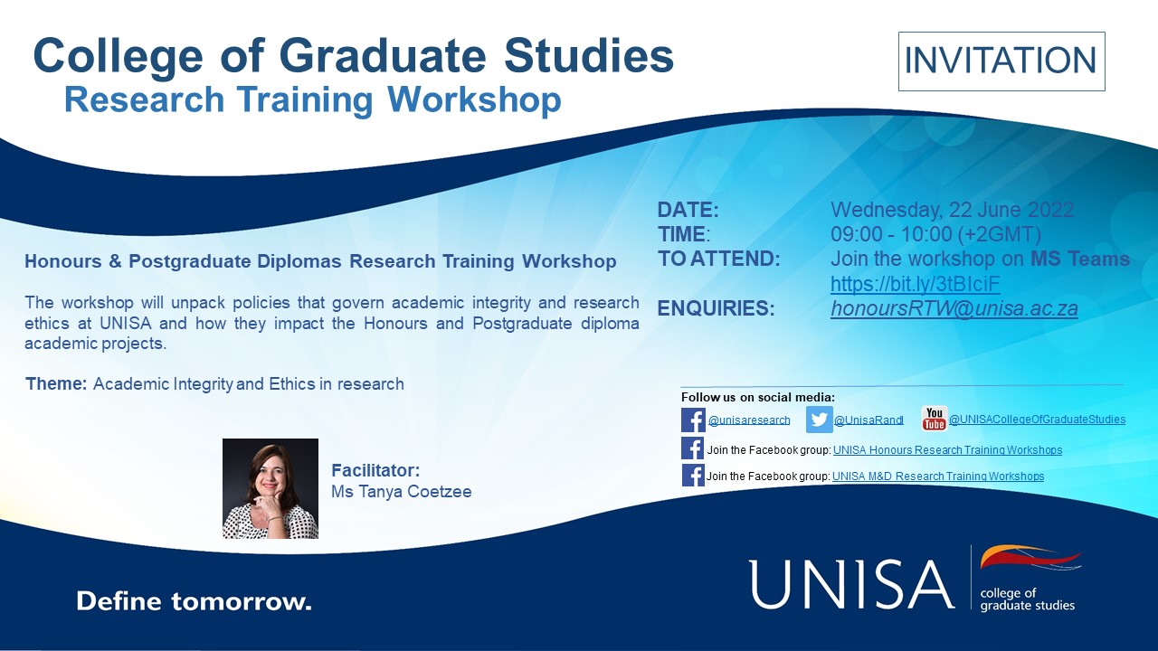 Honours and postgraduate diploma research training workshop: 'Academic integrity and ethics in ...